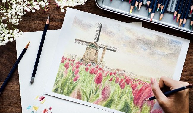 Corso di Disegno con matite colorate: Paesaggio con Mulino a vento ...